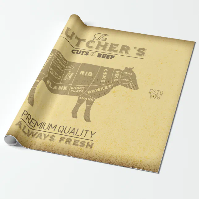Distressed Butcher Cuts of Beef Cow Diagram Chef Wrapping Paper | Zazzle