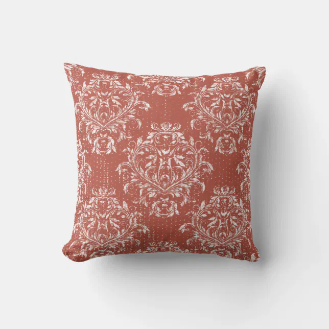 Distressed Damask Throw Pillow - Muted Coral Red | Zazzle