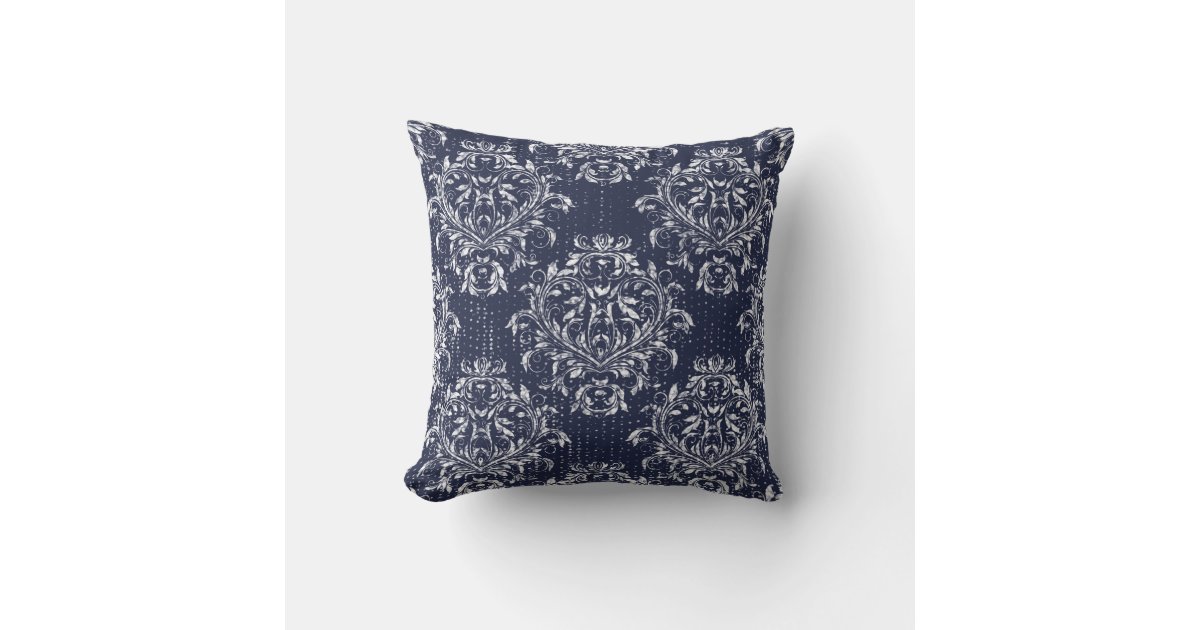 Distressed Damask Throw Pillow - Navy Blue | Zazzle