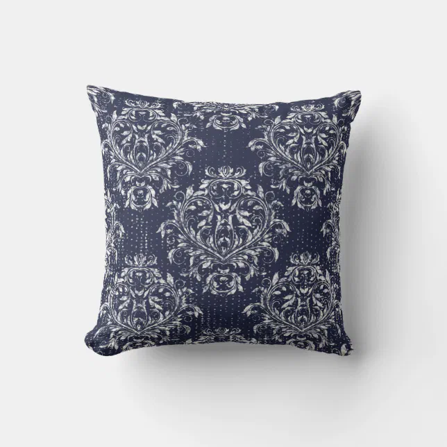 Distressed Damask Throw Pillow - Navy Blue | Zazzle