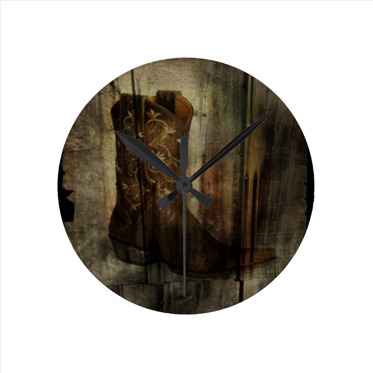 Distressed Man Cave Western Country Cowboy Boot Round Clock | Zazzle