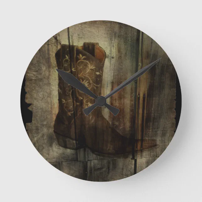Distressed Man Cave Western Country Cowboy Boot Round Clock | Zazzle