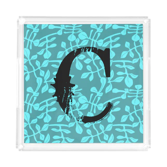 Distressed Monogram on Aqua Stylized Leaves Acrylic Tray | Zazzle