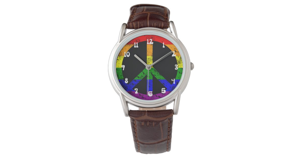 Distressed Rainbow Flag Peace sign Watch | Zazzle
