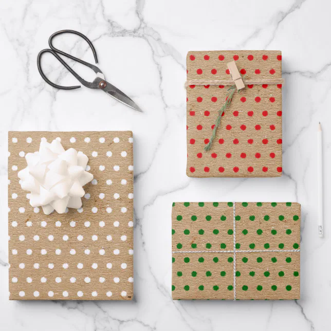 Distressed Red Green White Dots Faux Brown Kraft Wrapping Paper Sheets ...