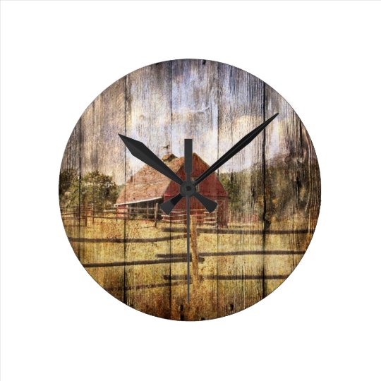 Distressed Wood Rustic Western Country Red Barn Round Clock | Zazzle.com