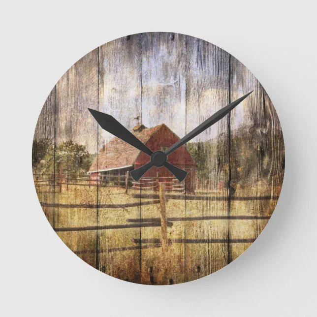 Distressed Wood Rustic Western Country Red Barn Round Clock | Zazzle