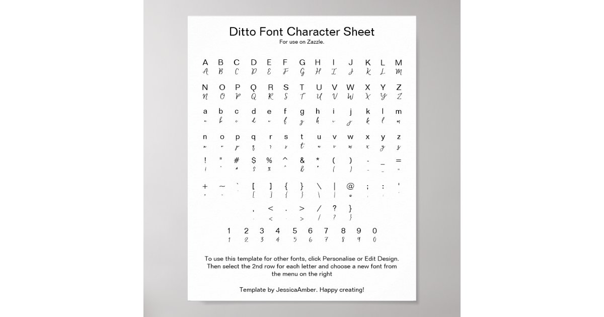 Ditto Font Glyph Character Sheet Poster | Zazzle