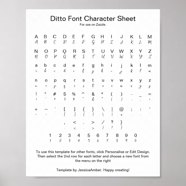 Ditto Font Glyph Character Sheet Poster | Zazzle