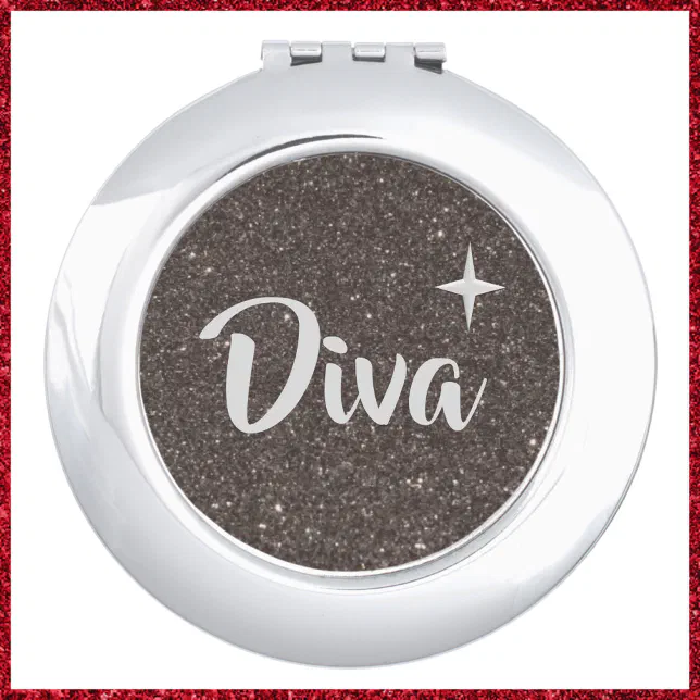 Diva Black Glitter Design Compact Mirror | Zazzle