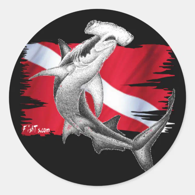 Dive flag with hammerhead shark-diver down classic round sticker | Zazzle