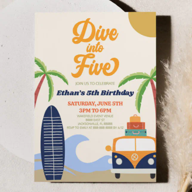 Dive Into Five Beach Surf Retro 5th Birthday Party Invitation | Zazzle