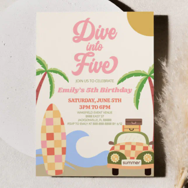 Dive Into Five Beach Surf Retro 5th Birthday Party Invitation | Zazzle