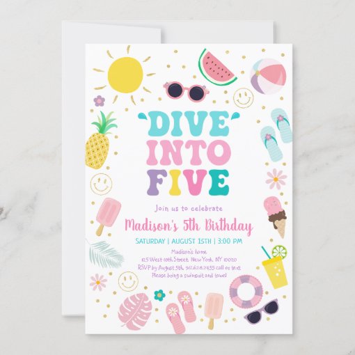 Dive into Five Boho Pool Party 5th Birthday Invitation | Zazzle