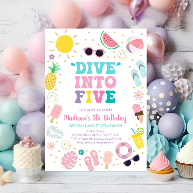 Dive into Five Boho Pool Party 5th Birthday Invitation | Zazzle