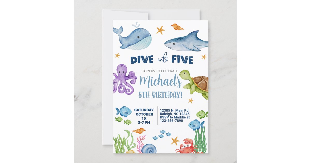 Dive into five boy 5th birthday sea life invite. invitation | Zazzle
