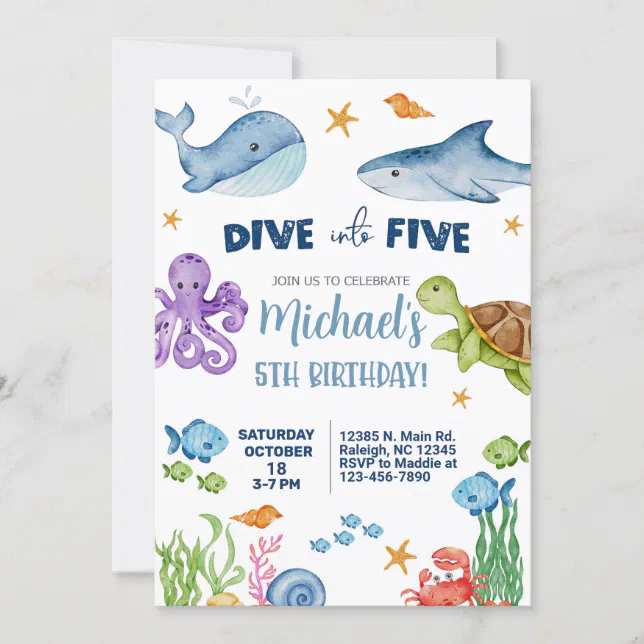 Dive into five boy 5th birthday sea life invite. invitation | Zazzle