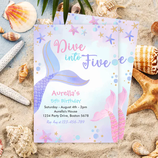 Dive Into Five Girl 5th Birthday Party Invitation | Zazzle