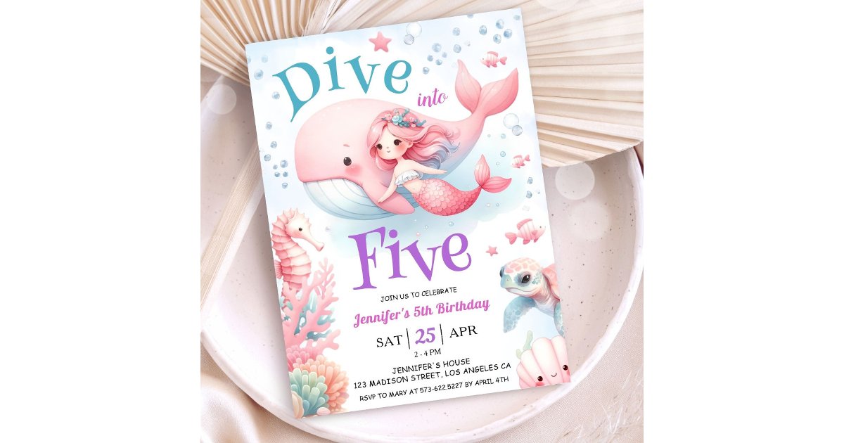 Dive Into Five! Girl Pink Mermaid 5th Birthday Invitation | Zazzle