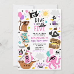 Dive Into Five Girl Pink Pirate 5th Birthday Party Invitation | Zazzle