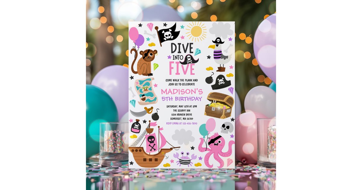 Dive Into Five Girl Pink Pirate 5th Birthday Party Invitation | Zazzle