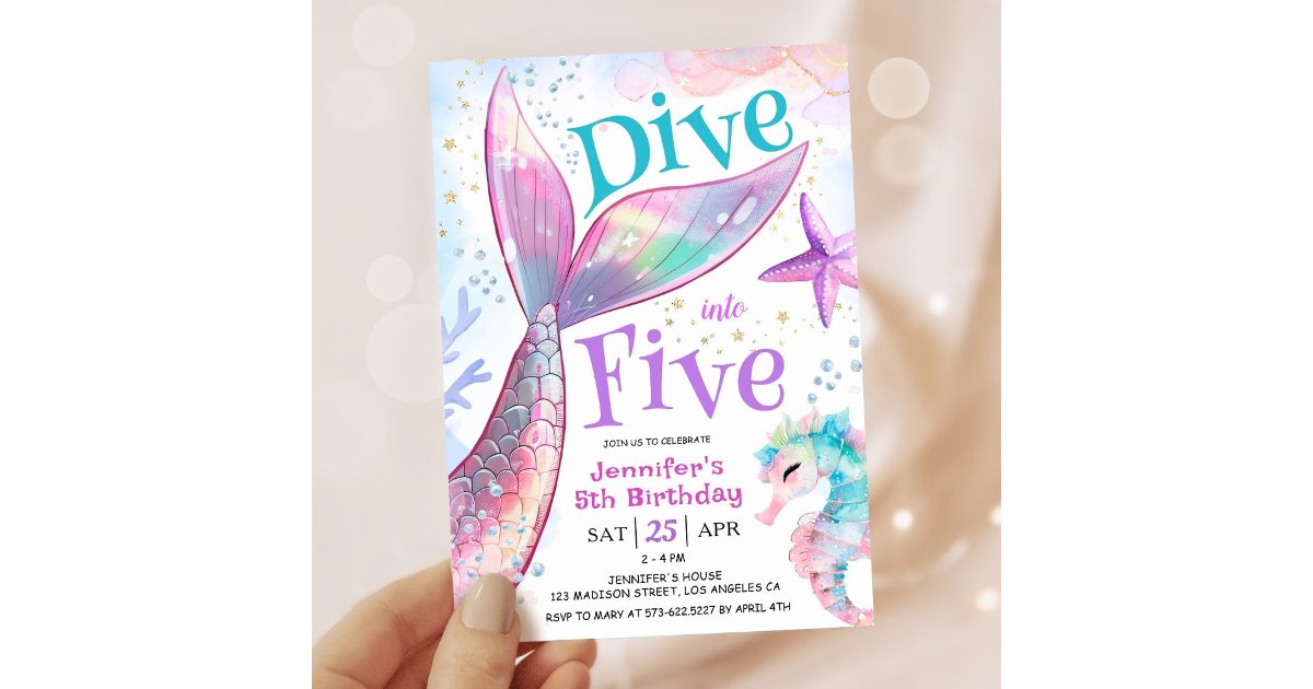 Dive into Five Mermaid 5th Birthday Invitation | Zazzle