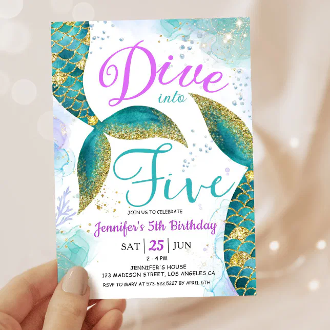 Dive into Five Mermaid 5th Birthday Party Invitation | Zazzle