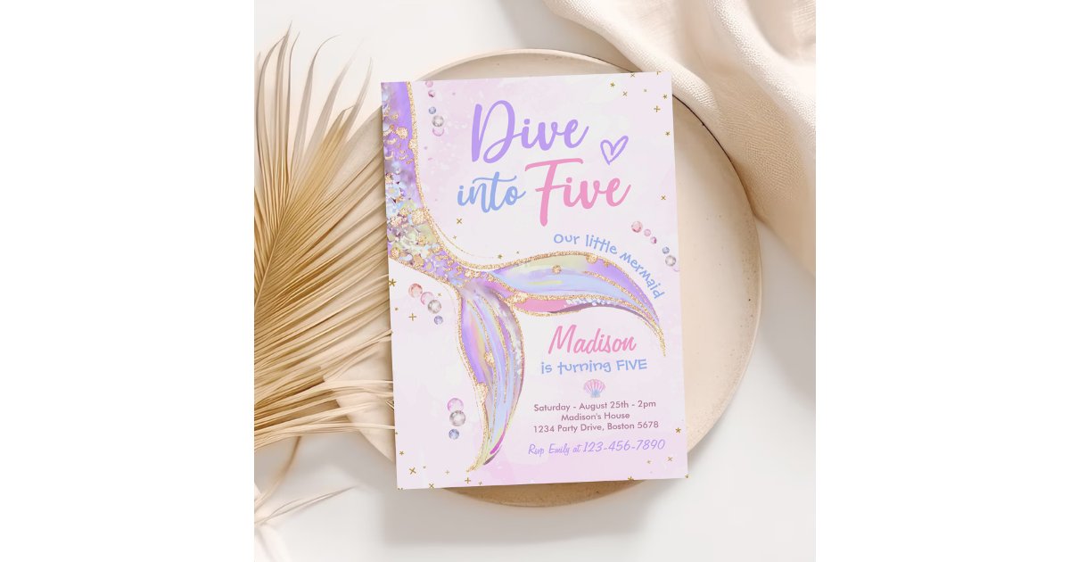 Dive Into Five Mermaid 5th Birthday Party Invitation | Zazzle