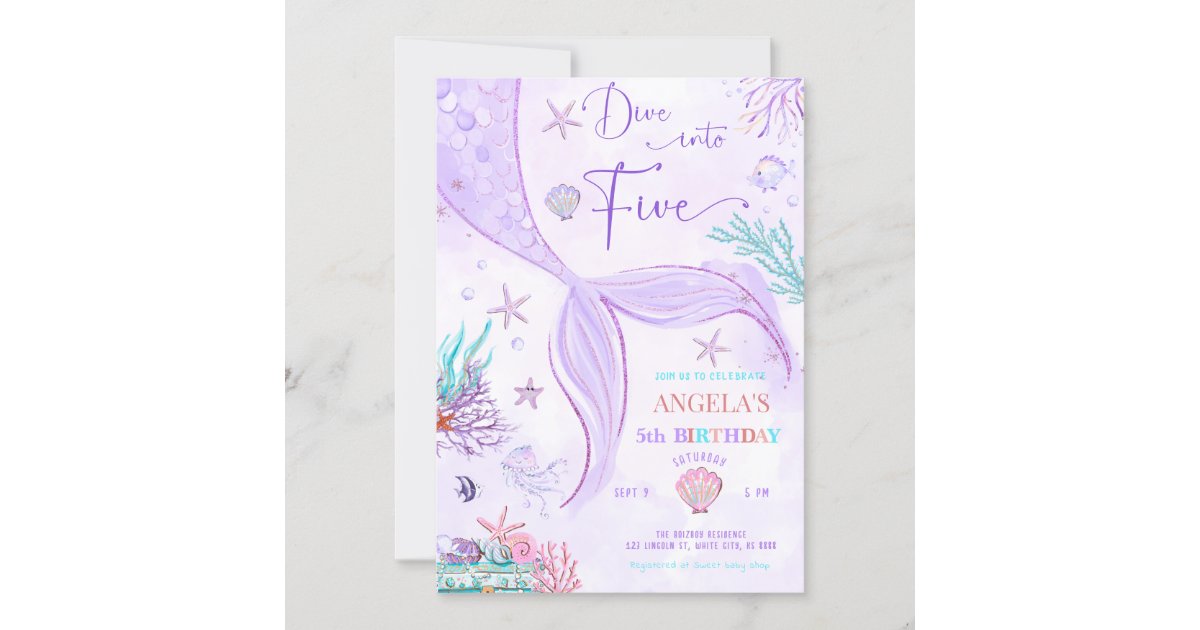 Dive Into Five Mermaid birthday Invitation | Zazzle