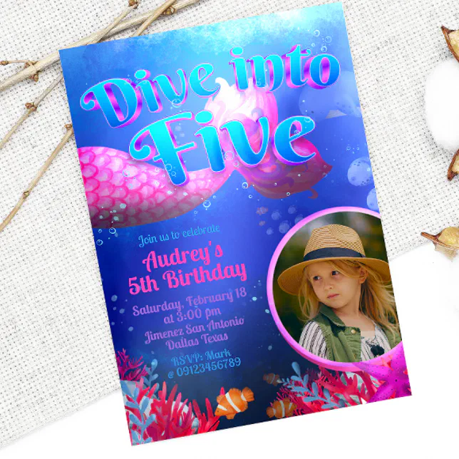Dive into Five - Mermaid with Photo Invitation | Zazzle