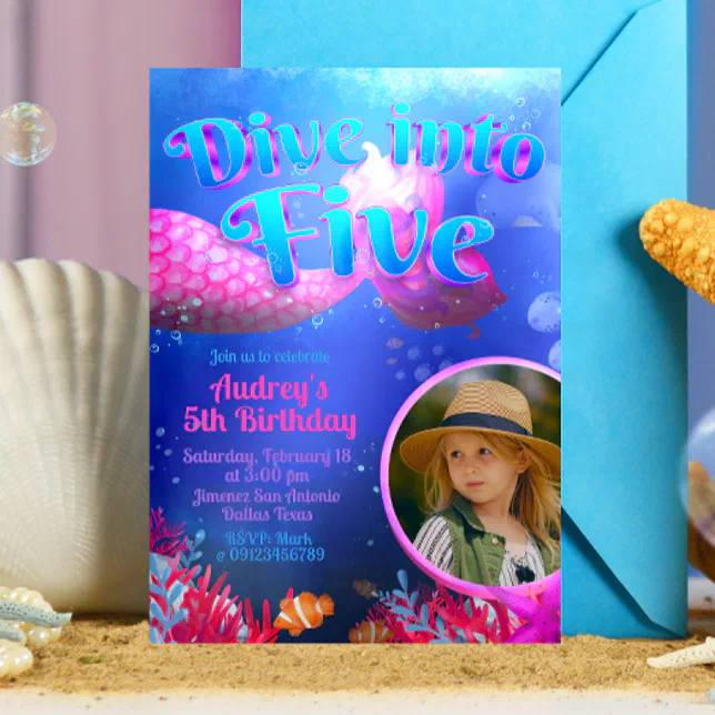 Dive into Five - Mermaid with Photo Invitation | Zazzle