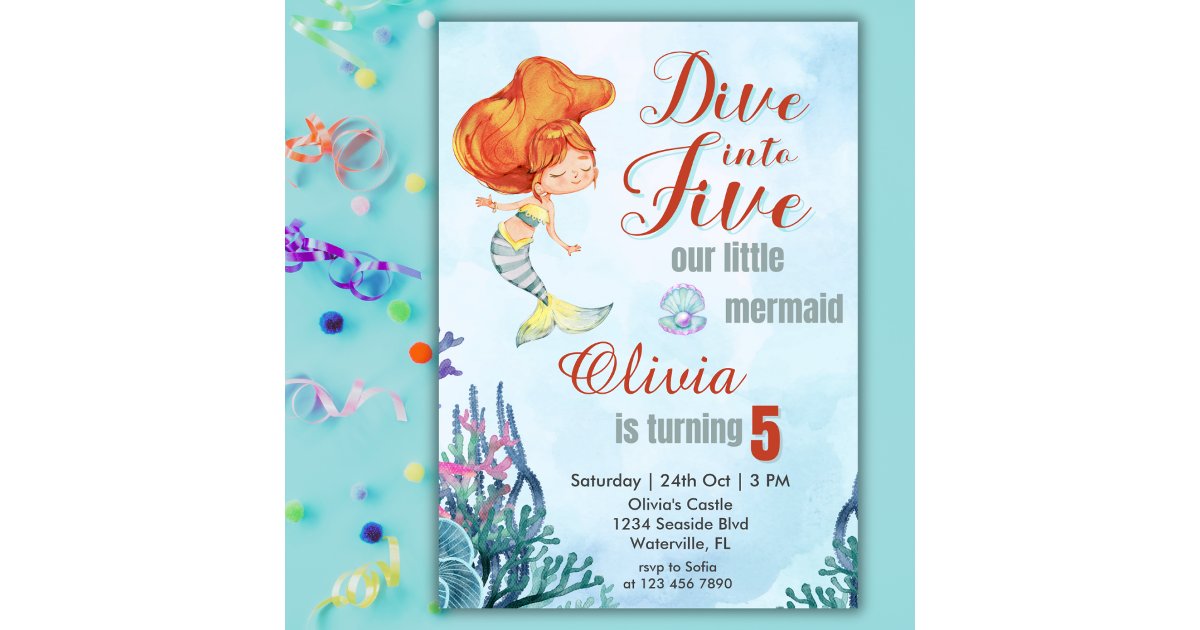 Dive into Five Orange Mermaid Girls 5th Birthday Invitation | Zazzle