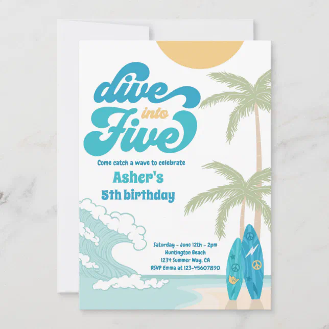Dive Into Five Retro Surf 5th Birthday Party Invitation | Zazzle