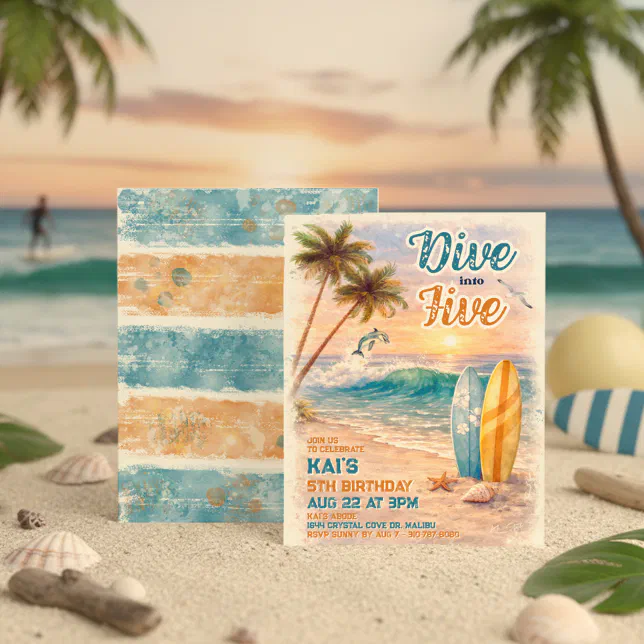 Dive into Five Retro Surf Beach 5th Birthday Invitation | Zazzle