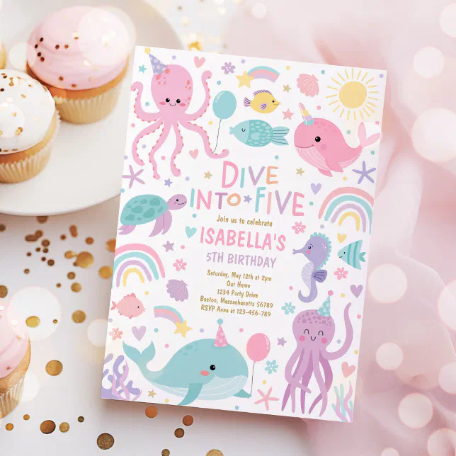 Dive Into Five Sea Creatures 5th Birthday Party Invitation | Zazzle