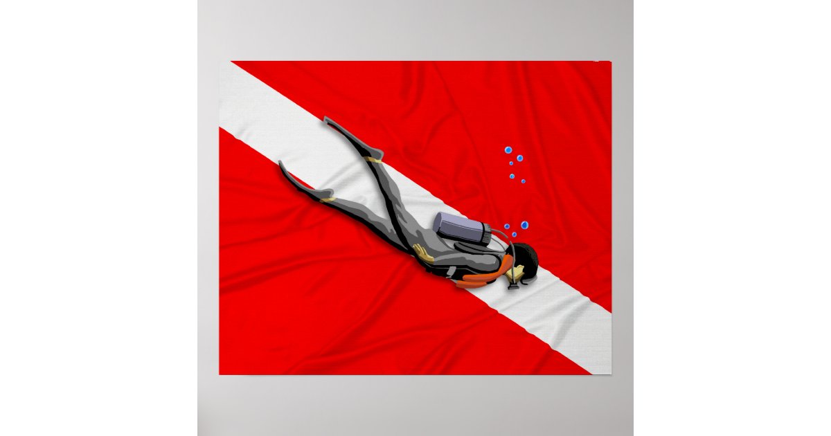 Diver And Wrinkled Dive Flag Poster | Zazzle