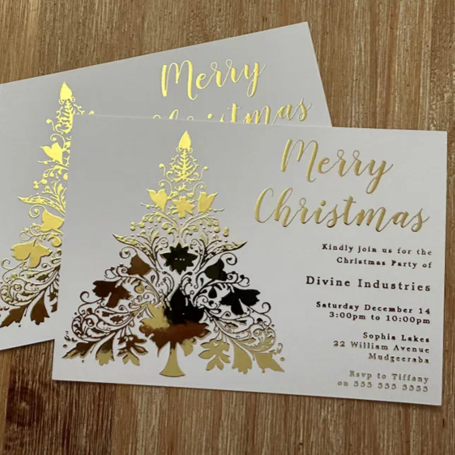 Divine Gold Foil Christmas Tree Xmas Party Foil Invitation | Zazzle