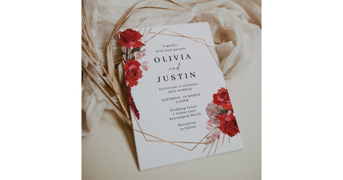 Divine Red Roses Geometric Wedding Invitation | Zazzle