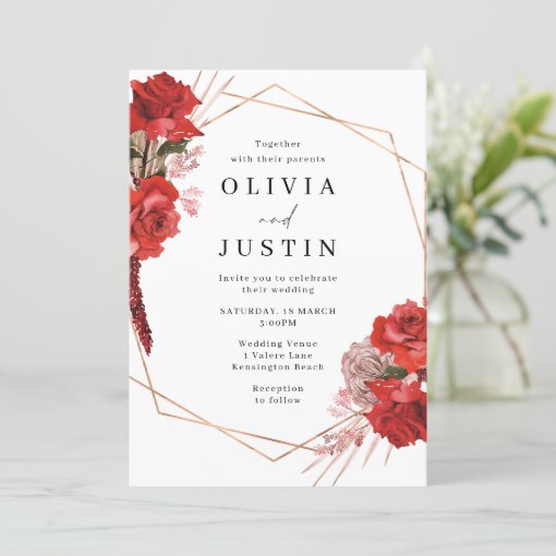 Divine Red Roses Geometric Wedding Invitation | Zazzle