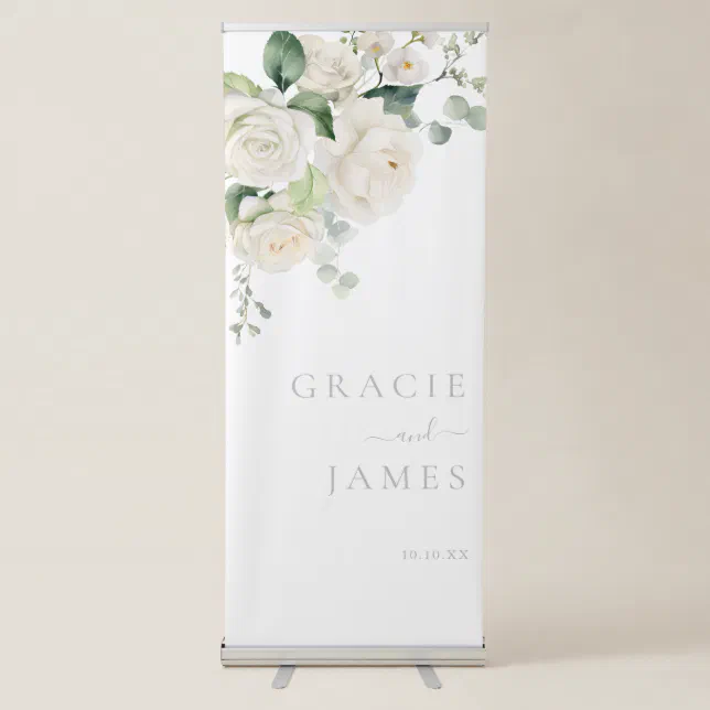 Divine White Roses All Seasons Wedding Retractable Banner | Zazzle