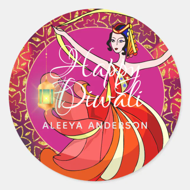 Diwali Bollywood Party Dancer Personalized Classic Round Sticker | Zazzle
