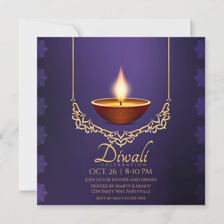 Diwali Deep Purple Diya Gold Trim Invitation | Zazzle