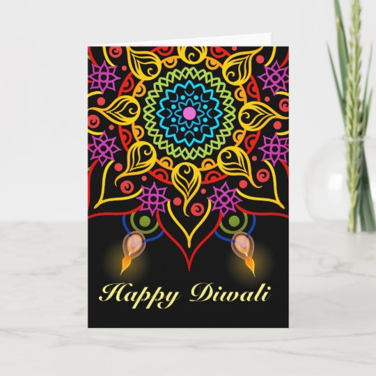 Diwali flower Rangoli with oil lamps Card | Zazzle.com