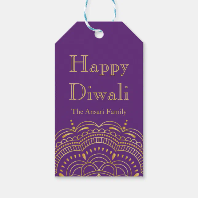 Diwali Gift Tag in Purple and Gold Indian Pattern | Zazzle
