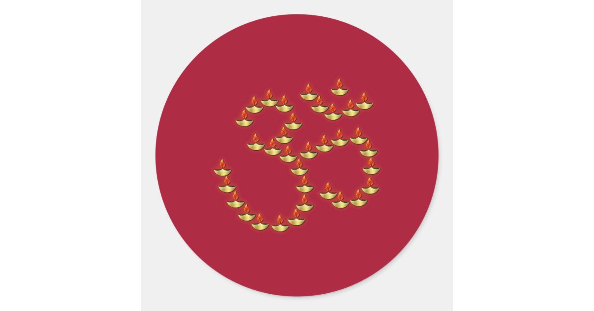 Diwali Gold Deepa in Om Symbol Bright Burgundy Classic Round Sticker ...