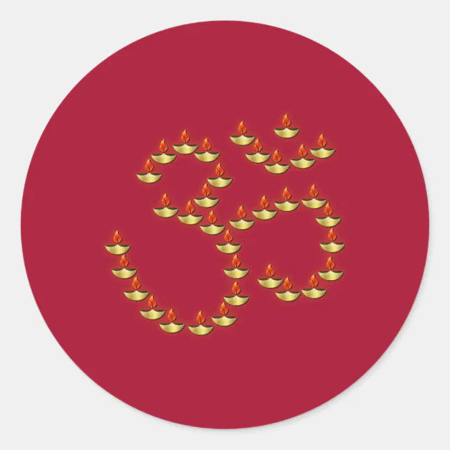 Diwali Gold Deepa in Om Symbol Bright Burgundy Classic Round Sticker ...