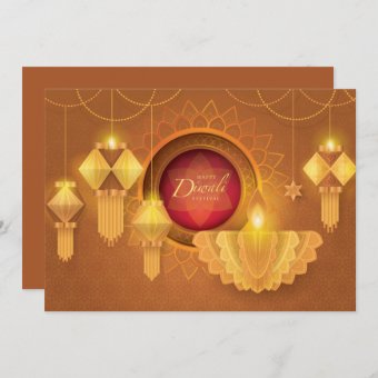 Diwali Papercut Deepa & Lanterns, gold Invitation | Zazzle