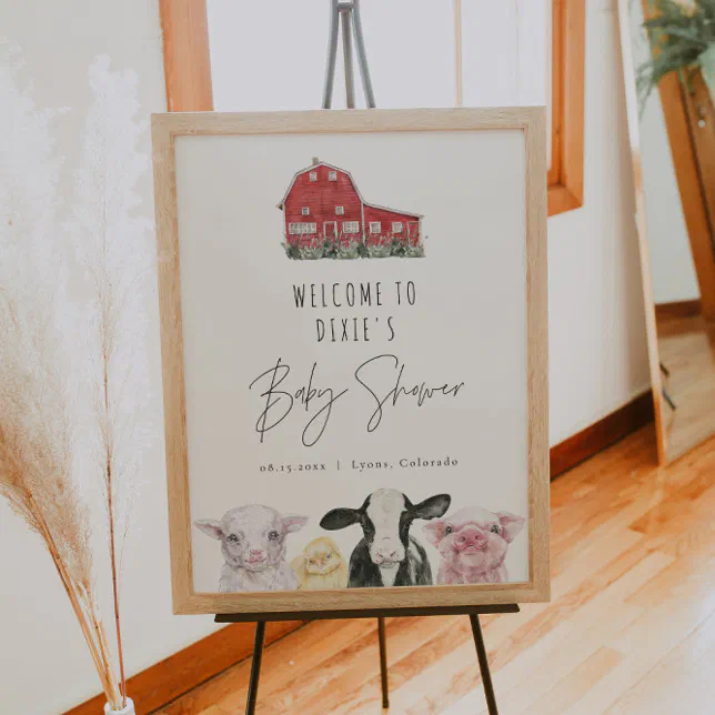 DIXIE Red Barn Farm Animal Baby Shower Welcome Poster | Zazzle