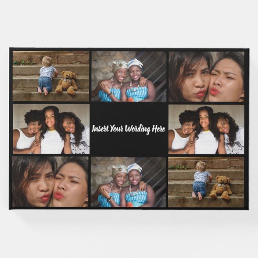 DIY 4 photo collage with text on custom color Guest Book | Zazzle