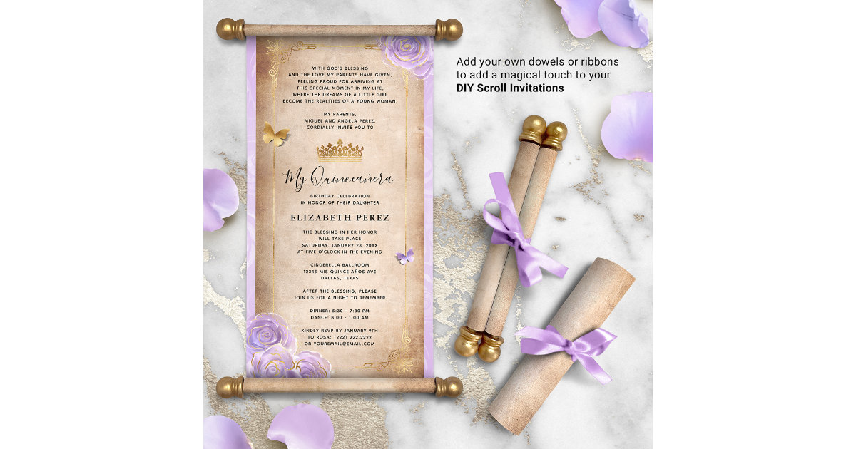 DIY Light Purple Gold Quince Scroll Invitations | Zazzle